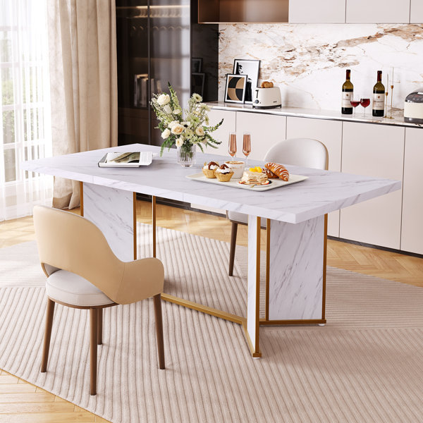 Mercer41 71 Inch Rectangular Dining Table With Gold Metal Frame White Marble Wooden Modern ...